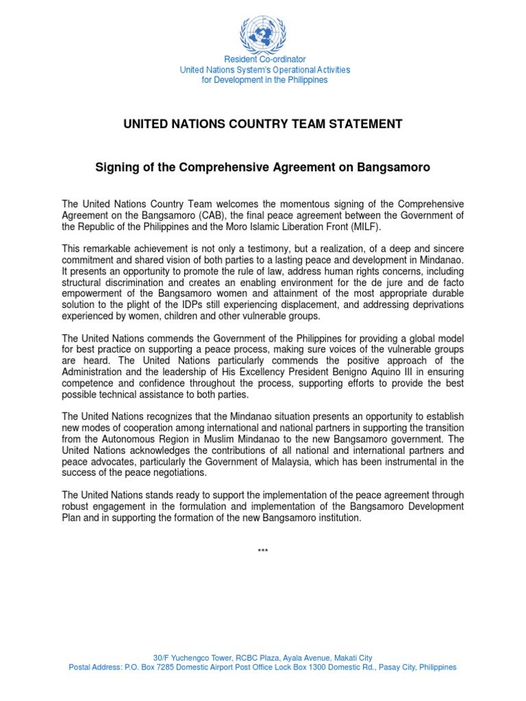 UN Statement on Bangsamoro Agreement | PDF | Social Science | Law