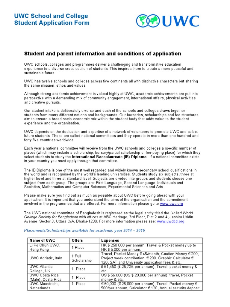 UWC Application Form 2014 - Final | PDF | Educational Stages | Students