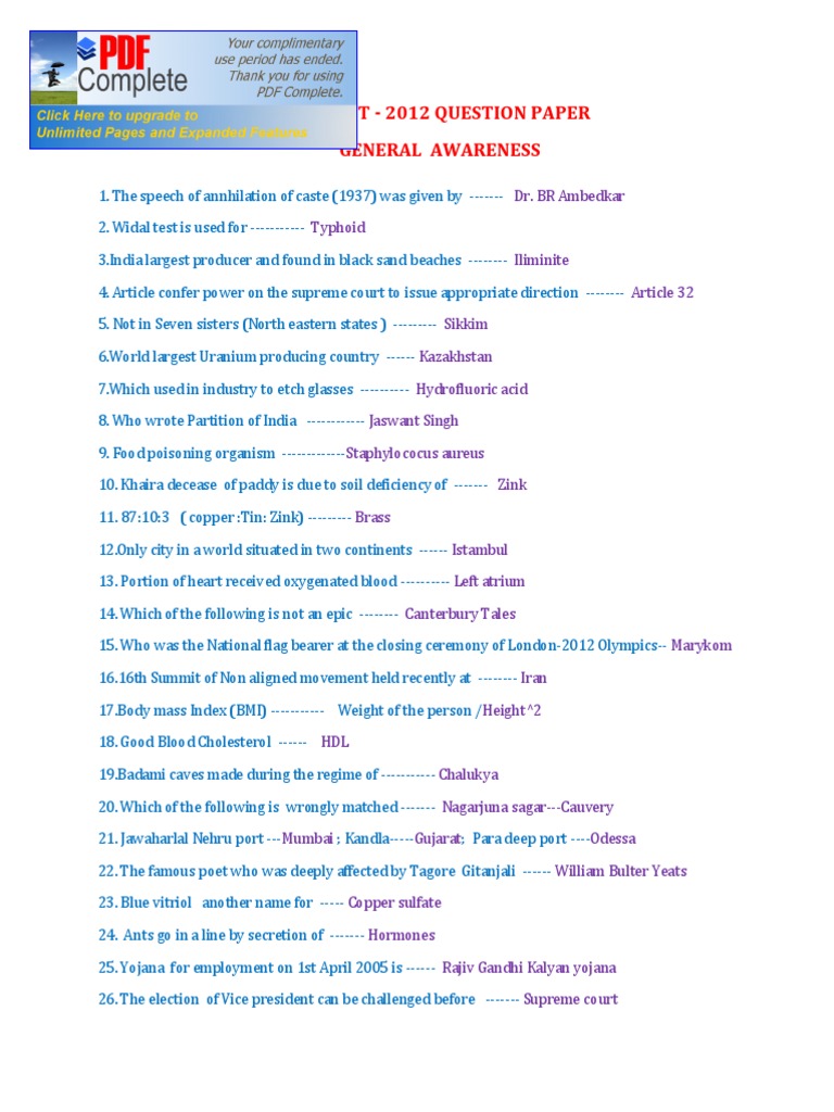 Ongc GT - 2012 Question Paper General Awareness | PDF