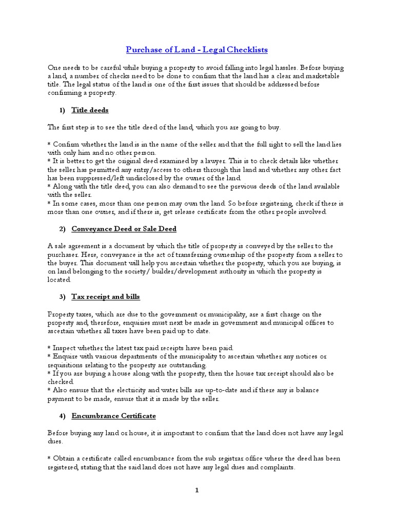 Purchase of Land Legal Checklist | PDF | Deed | Power Of Attorney