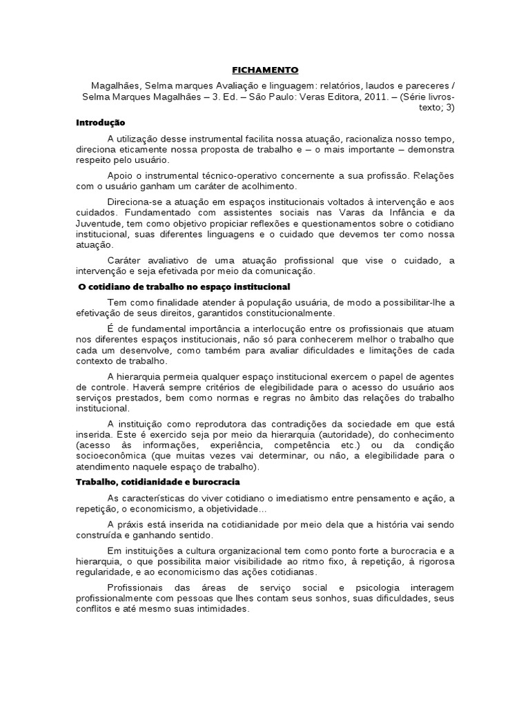 FICHAMENTO 2 - Avaliação e Linguagem Relatórios, Laudos e Pareceres ...