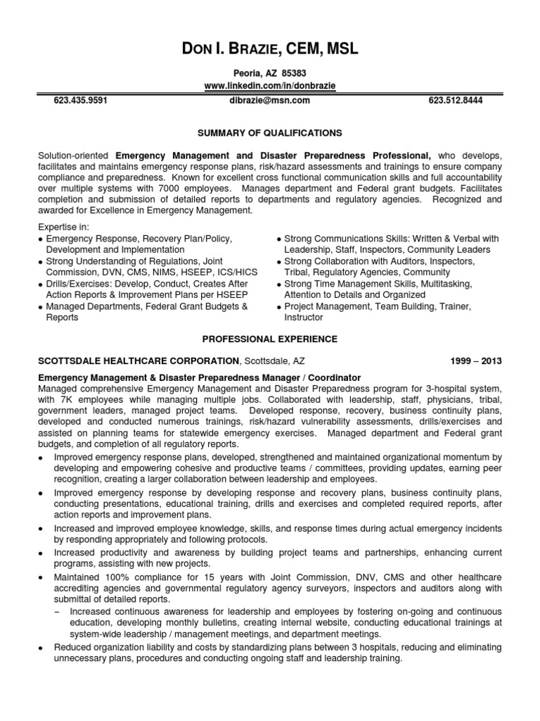 Emergency Management Disaster Preparedness Manager in Phoenix AZ Resume ...