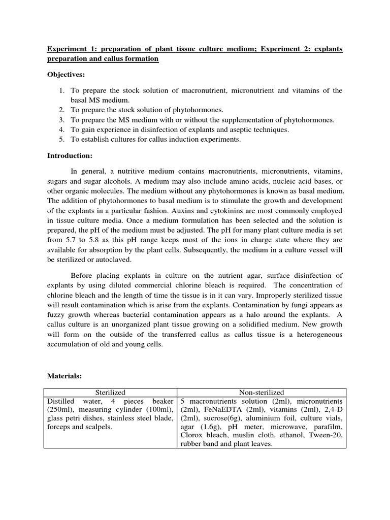 Plant Tissue Culture Media Preparation | PDF | Growth Medium | Plant ...