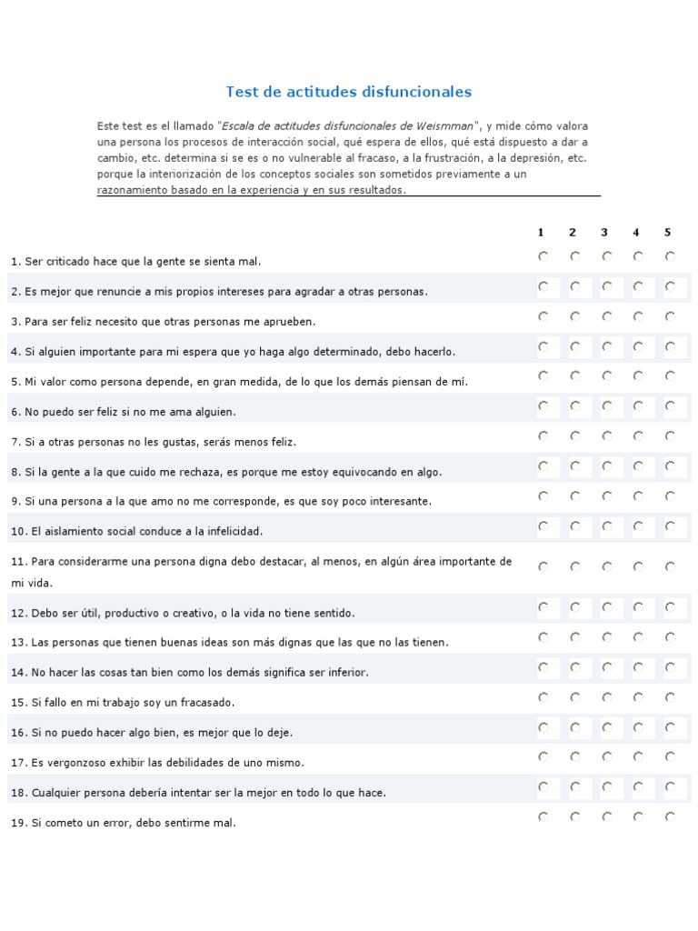 Test de Actitudes Disfuncionales | Cognición | Sicología y ciencia ...