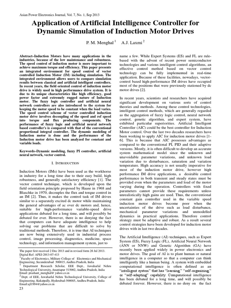 Application of Artificial Intelligence Controller For Dynamic Simulation of Induction Motor ...