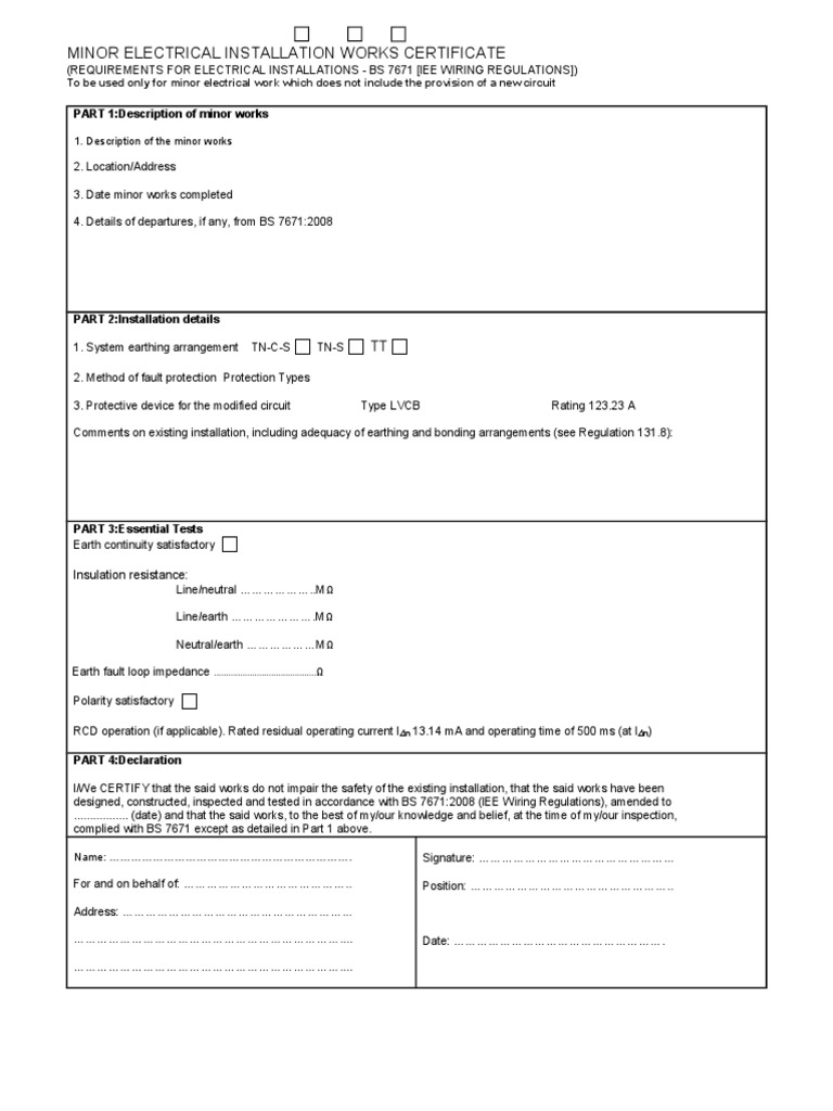 Minor Electrical Installation Works Certificate | PDF