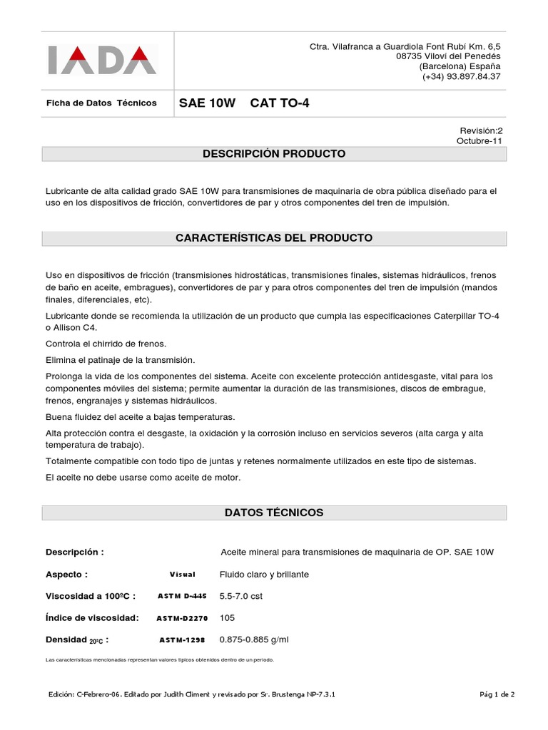 FT - Sae 10w Cat To-4 | PDF | Lubricante | Transmisión (Mecánica)