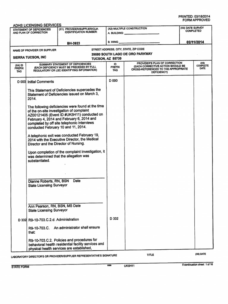 ADHS Statement of Deficiencies at Sierra Tucson | Medical Record | Nursing