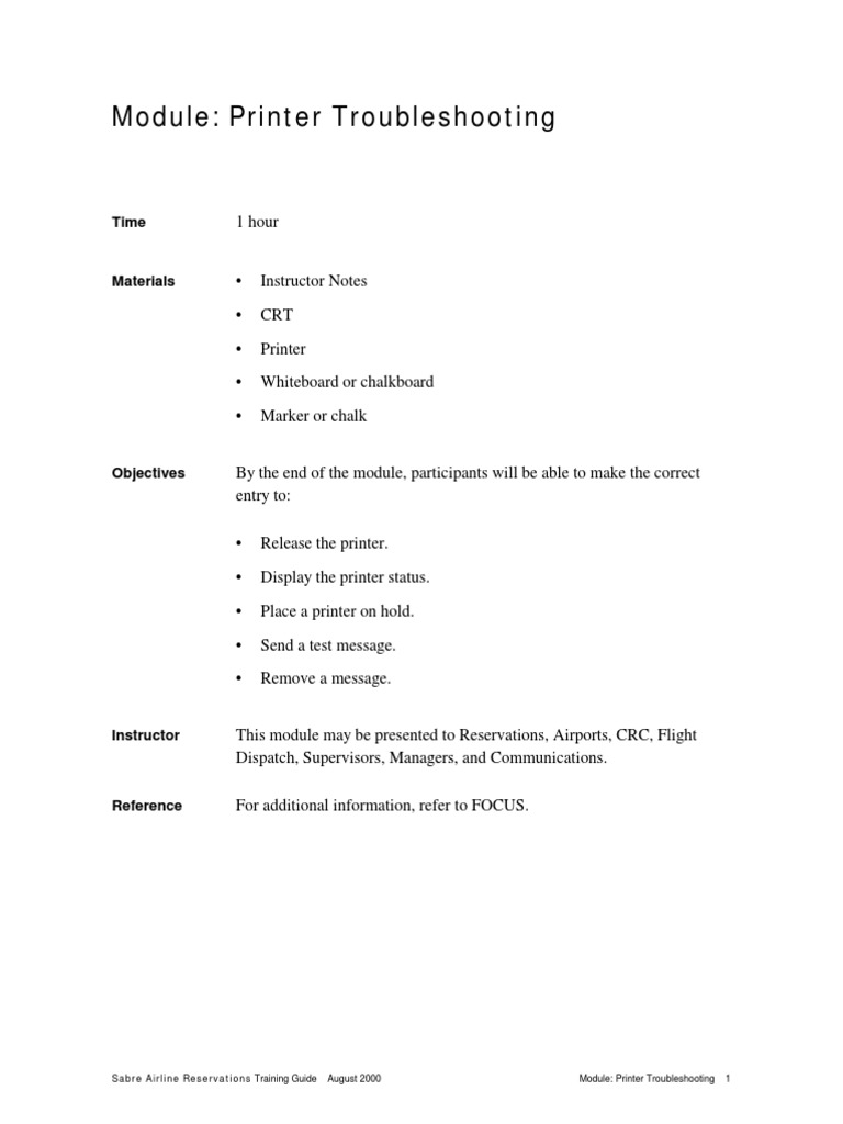 Sabre Printer Troubleshooting Guide | PDF | Transmission Control ...