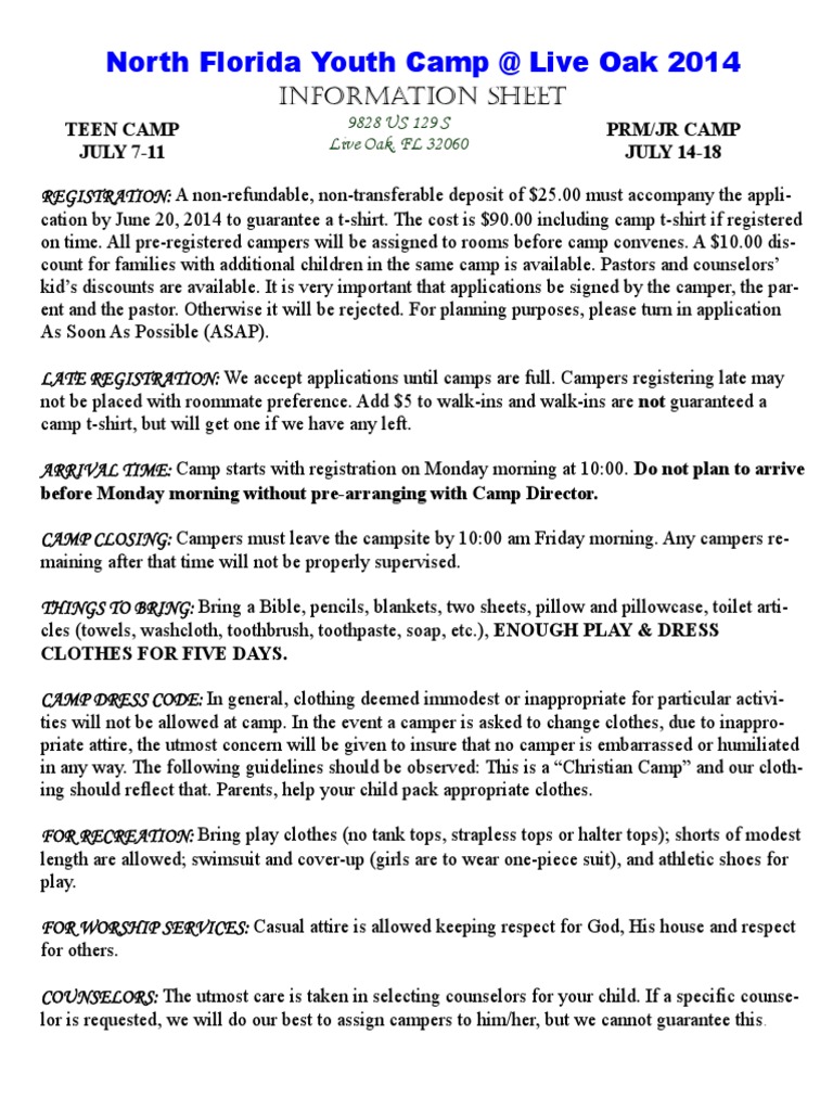 North Florida Youth Camp Info Sheet | PDF | Camping | Insurance