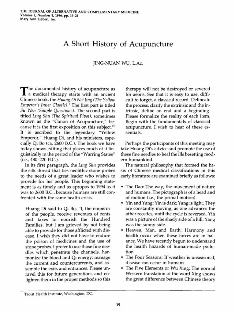 Short History of Acupuncture - Wu JN PDF | Download Free PDF ...