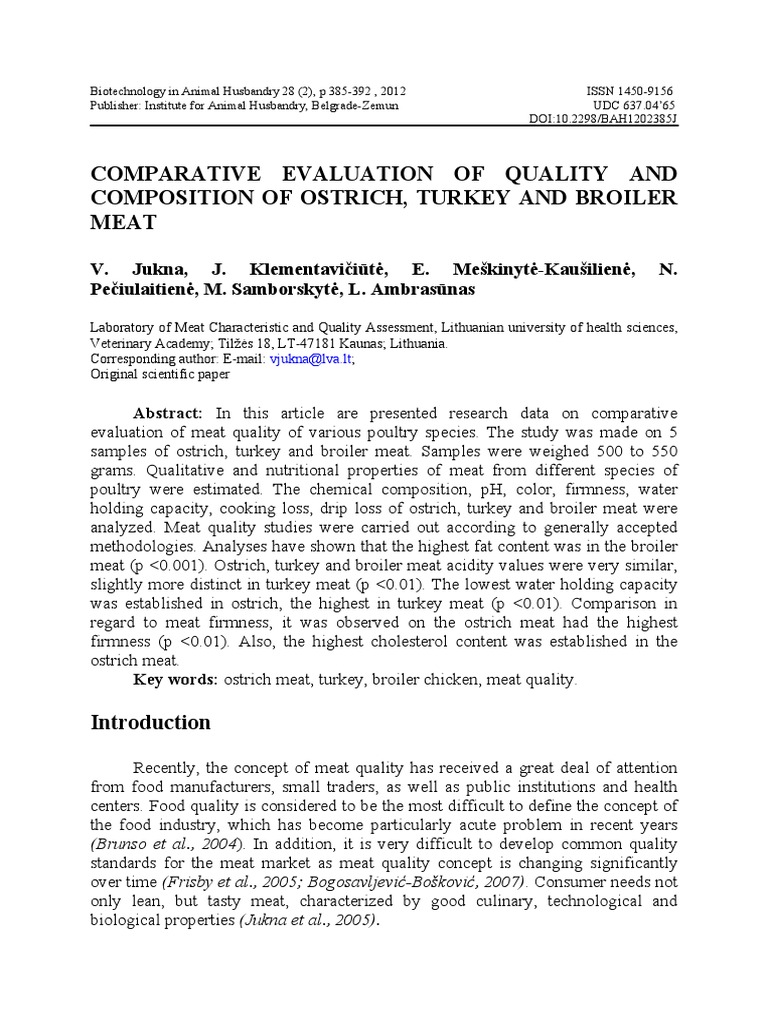 Ostrich vs Turkey Meat Quality Comparison | PDF | Meat | Nutrition