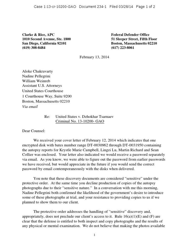 Doc 234-1; Defense Letter to Govt Re Autopsy Photos 032814