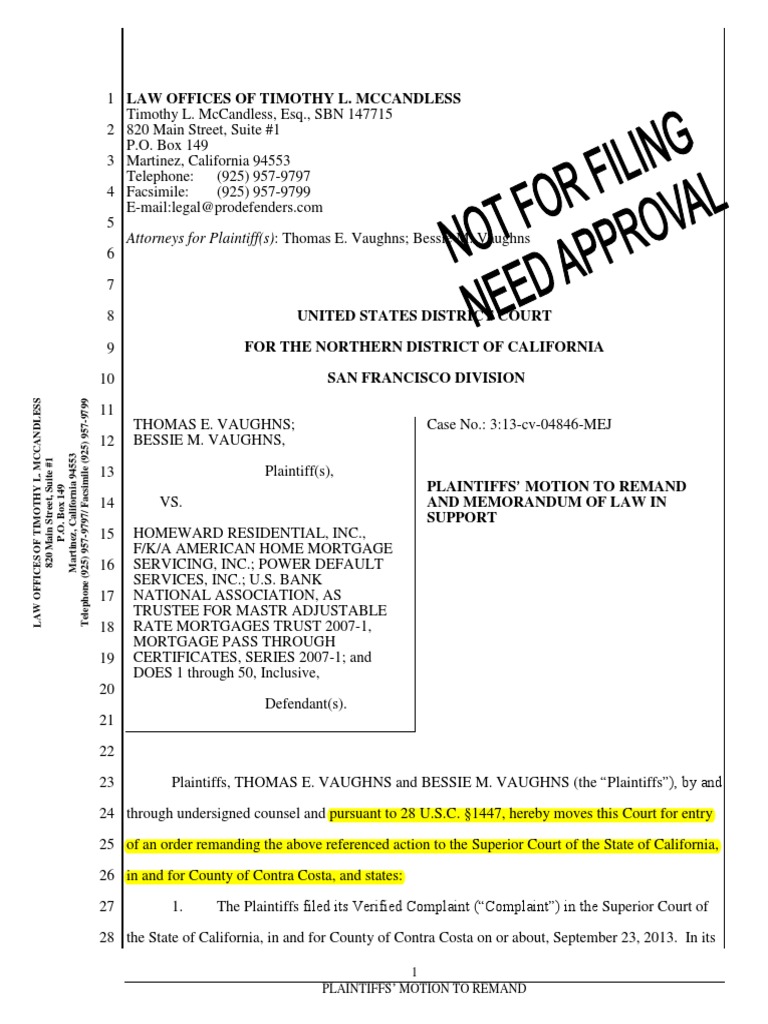 Vaughns Motion to Remand | Diversity Jurisdiction | Foreclosure