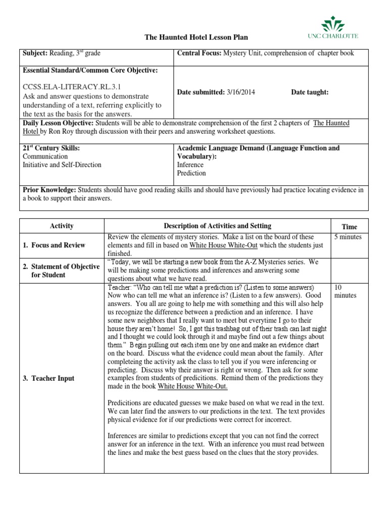 Haunted Hotel Lesson Plan for 3rd Grade | PDF | Reading Comprehension ...