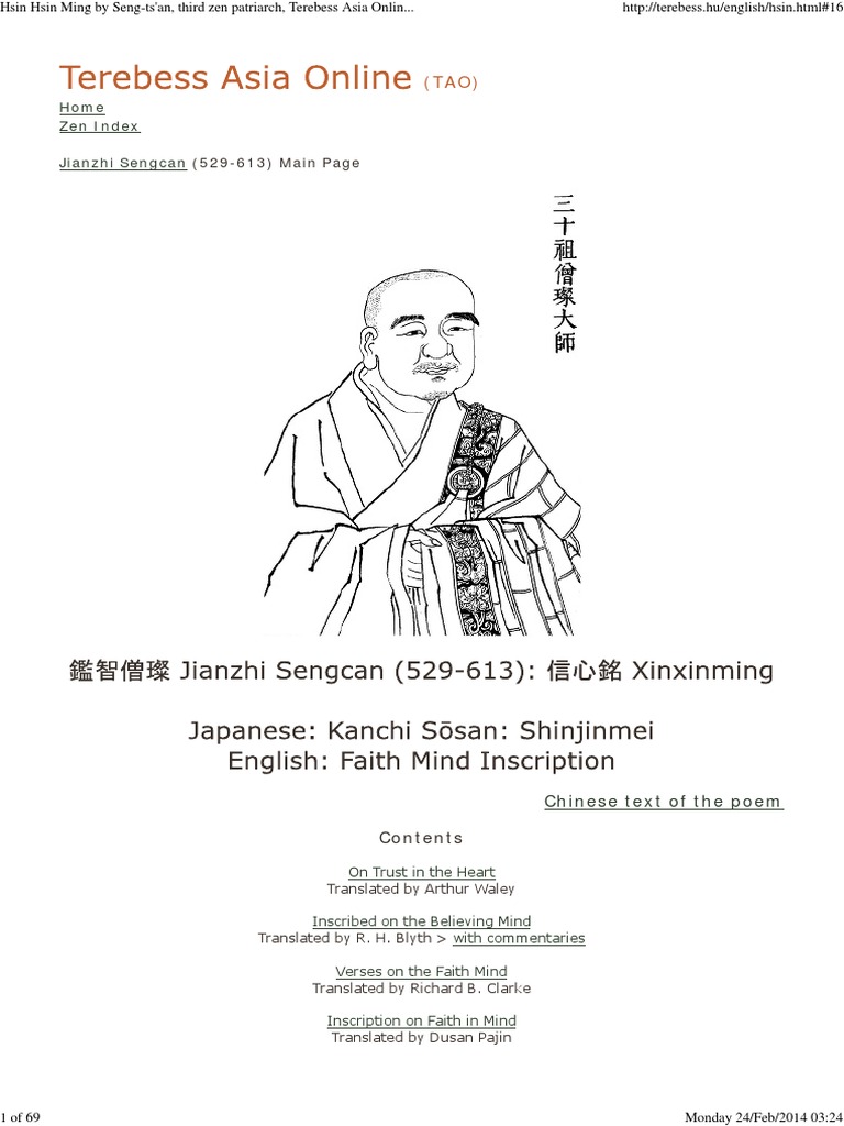 Hsin Hsin Ming by Seng-Ts'an, Third Zen Patriarch, Terebess Asia Online ...