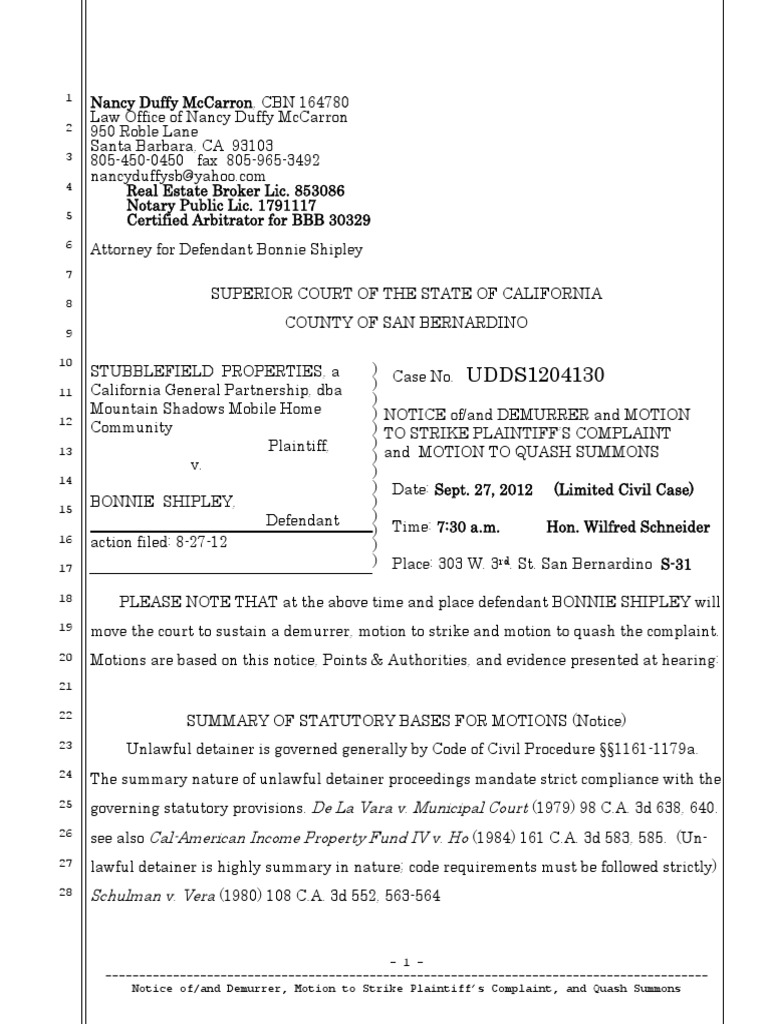 Legal Motion to Quash Summons | PDF | Demurrer | Eviction