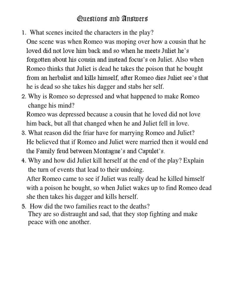 Questions and Answers Romeo and Juliet | PDF | Characters In Romeo And ...