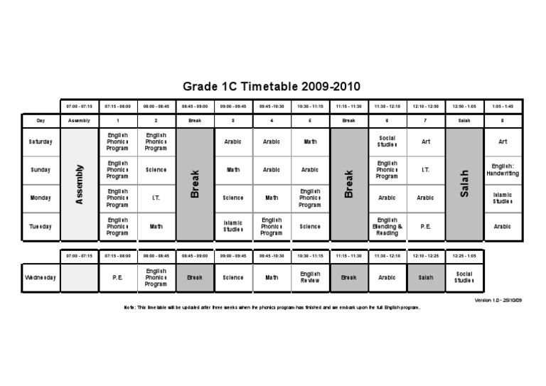 Grade 1C Timetable V1.0 - 25 October 09 | PDF