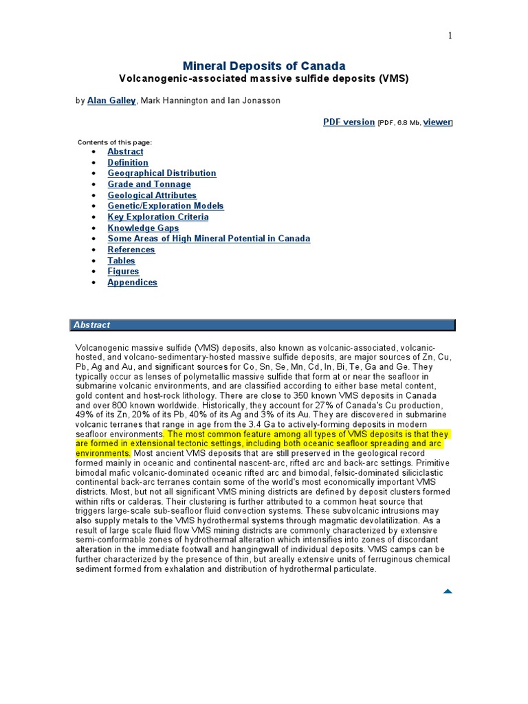 VMS-Mineral Deposits of Canada (Exhalite) | PDF | Geology | Earth Sciences