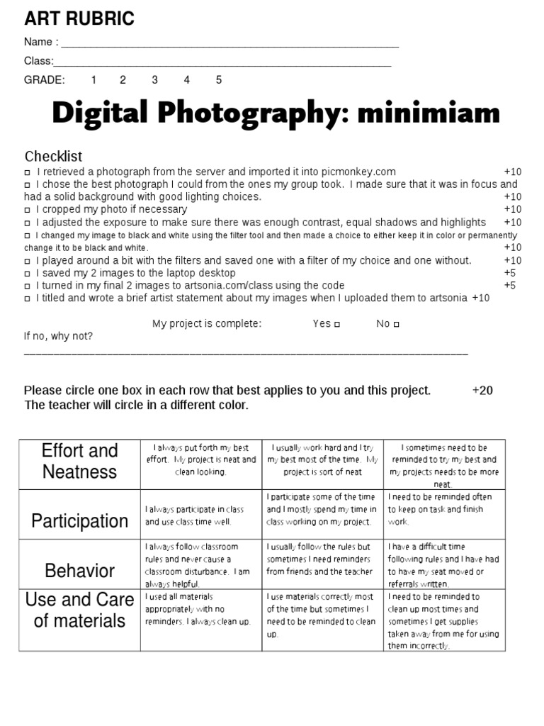 ART RUBRIC Minimiam- Digital Photography Editing | Exposure ...