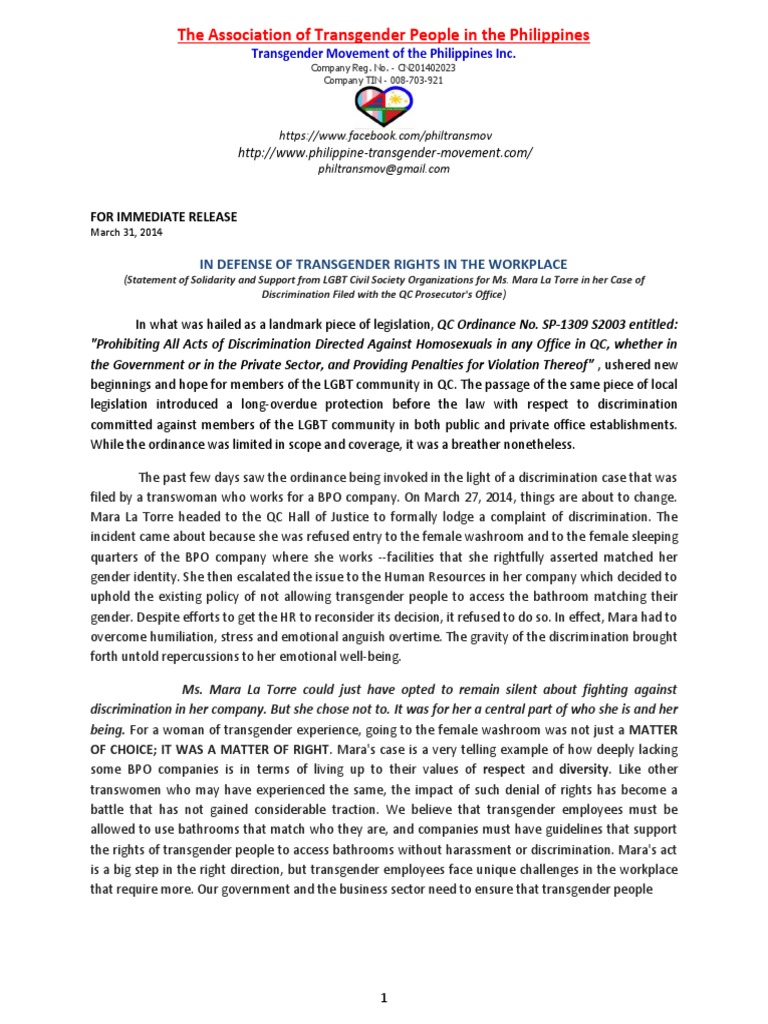PRESS RELEASE: Mara de La Torre and Transgender Rights in The Workplace ...
