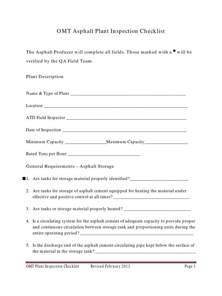 Asphalt Plant Inspection Checklist | Weighing Scale | Asphalt