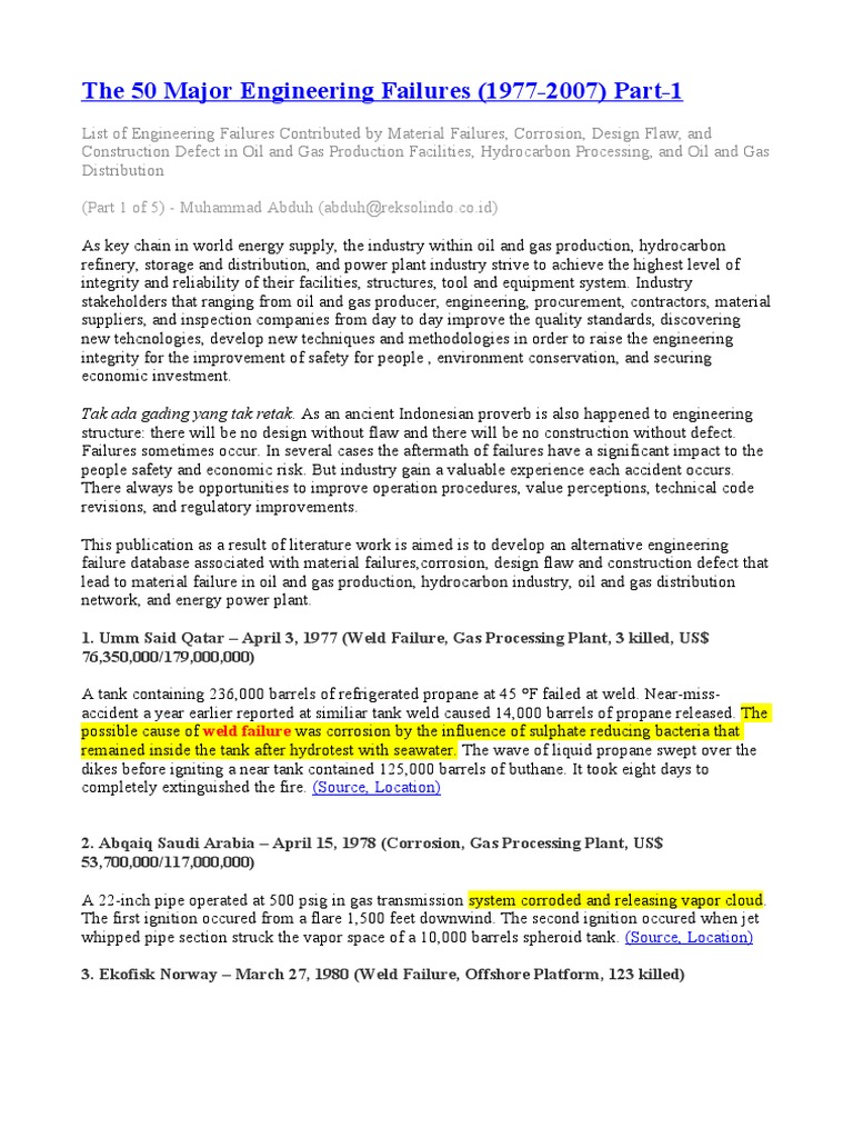 Major Engineering Failures 1977-2007 Part 1: Material, Corrosion ...