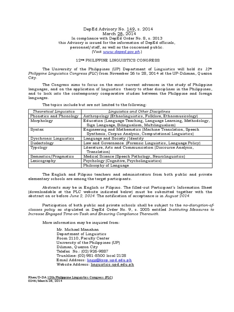12th PLC DepEd Advisory | PDF | Linguistics | Philippines
