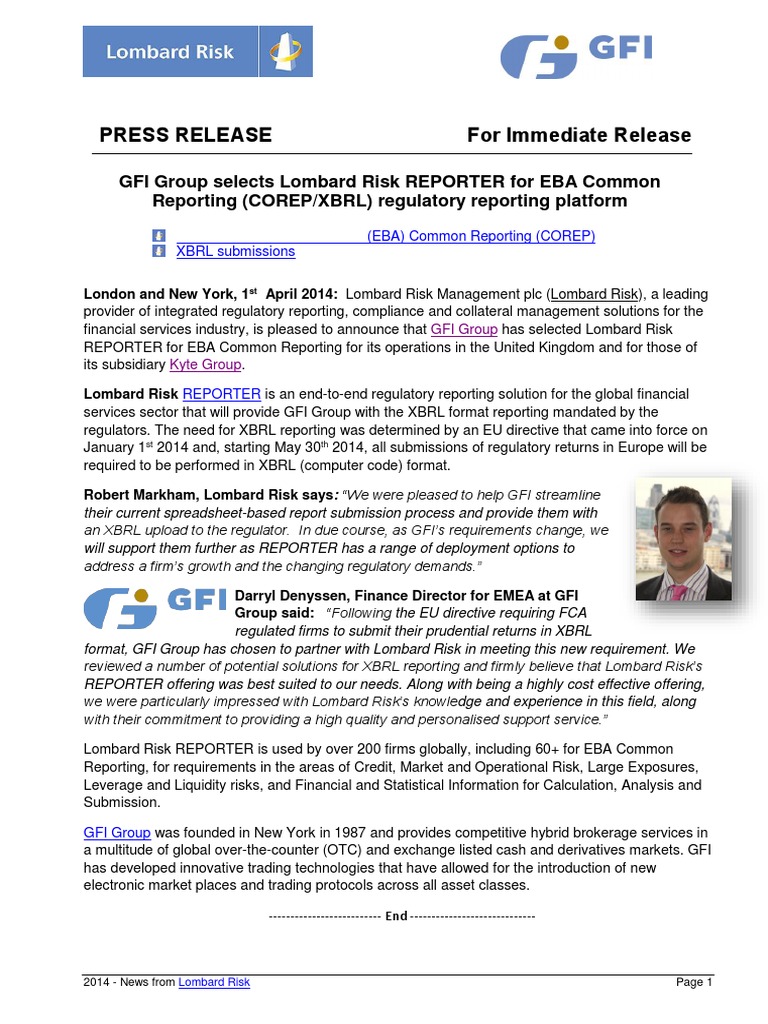 Gfi Selects Lombard Risk Reporter For Eba Corep XBRL | PDF | Over The ...