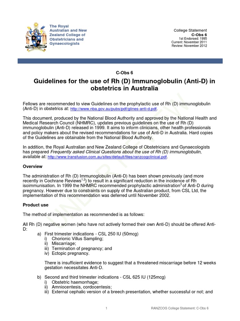 C-Obs 6 Guidelines For Use of Anti-D in Aust Review Nov 11 (1) ACOG ...