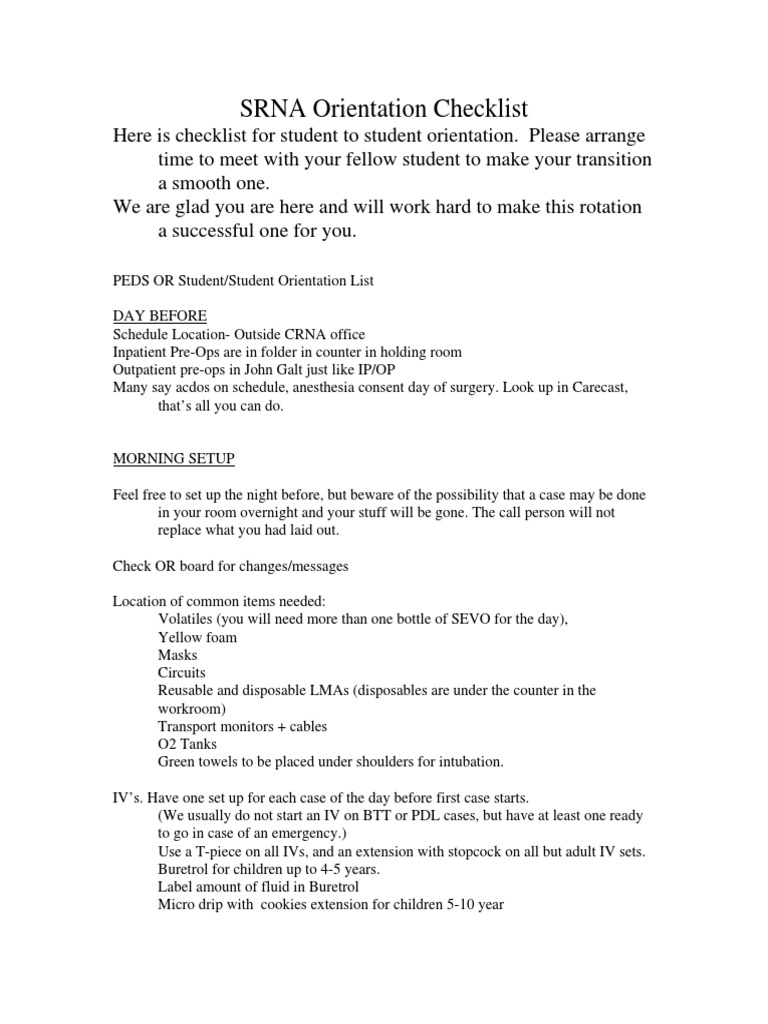 SRNA Orientation Checklist | PDF | Anesthesia | Preterm Birth