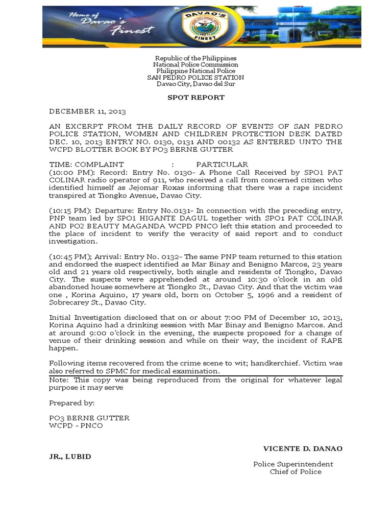 Police Blotter Sample Blotter