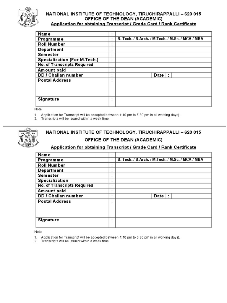 NIT Trichy B.Tech Transcript Application | PDF