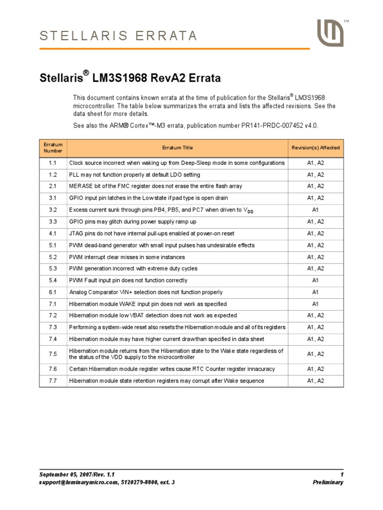 Stellariserrata: Stellaris Lm3S1968 Reva2 Errata | PDF | Flash Memory | Computer Engineering