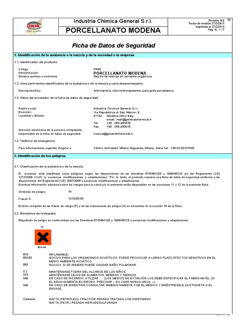 Ficha Seguridad Porcellanato Modena | PDF | Toxicidad | Agua