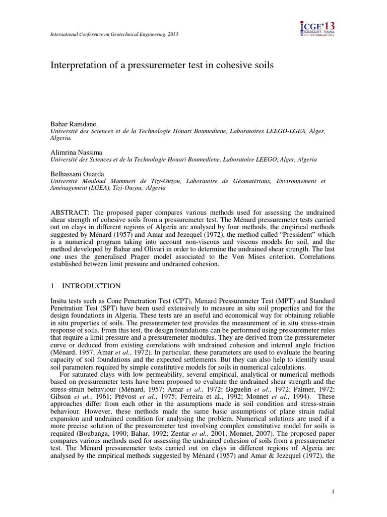 Interpretation of A Pressuremeter Test in Cohesive Soils | PDF | Soil ...