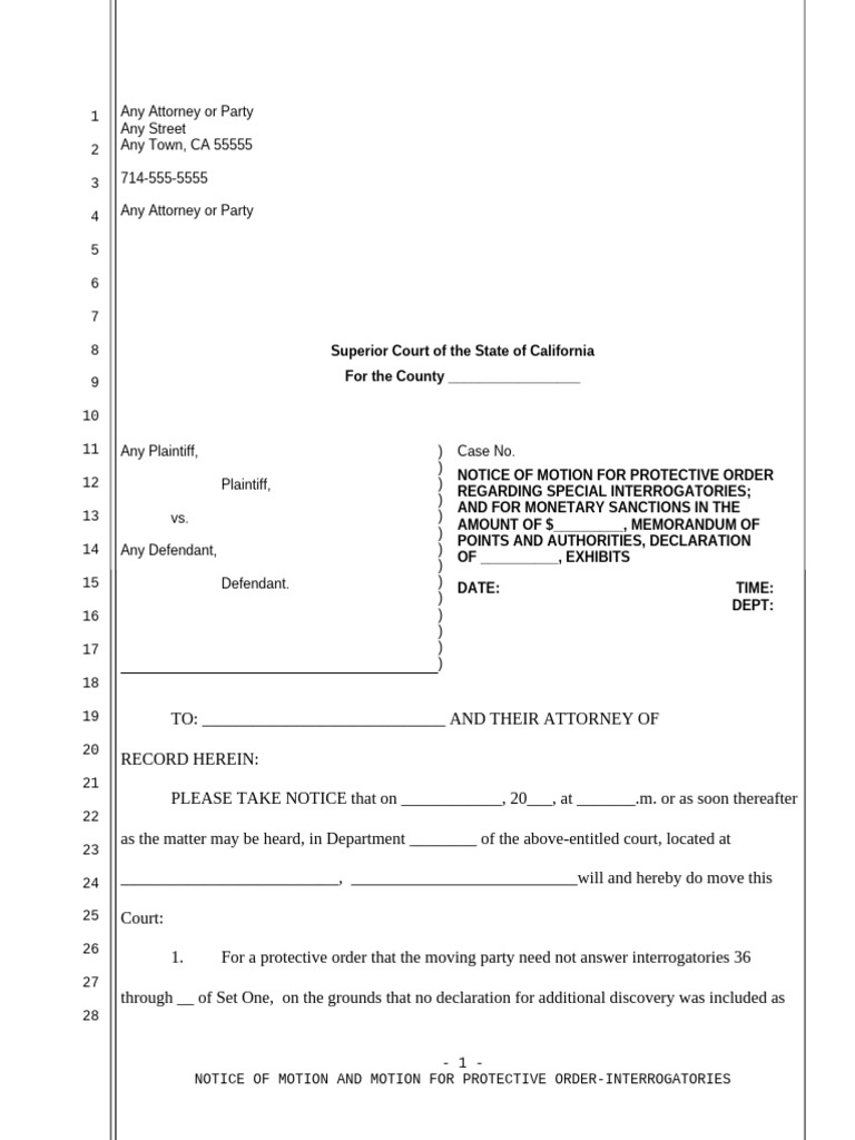 Sample Motion For Protective Order Regarding Interrogatories For ...