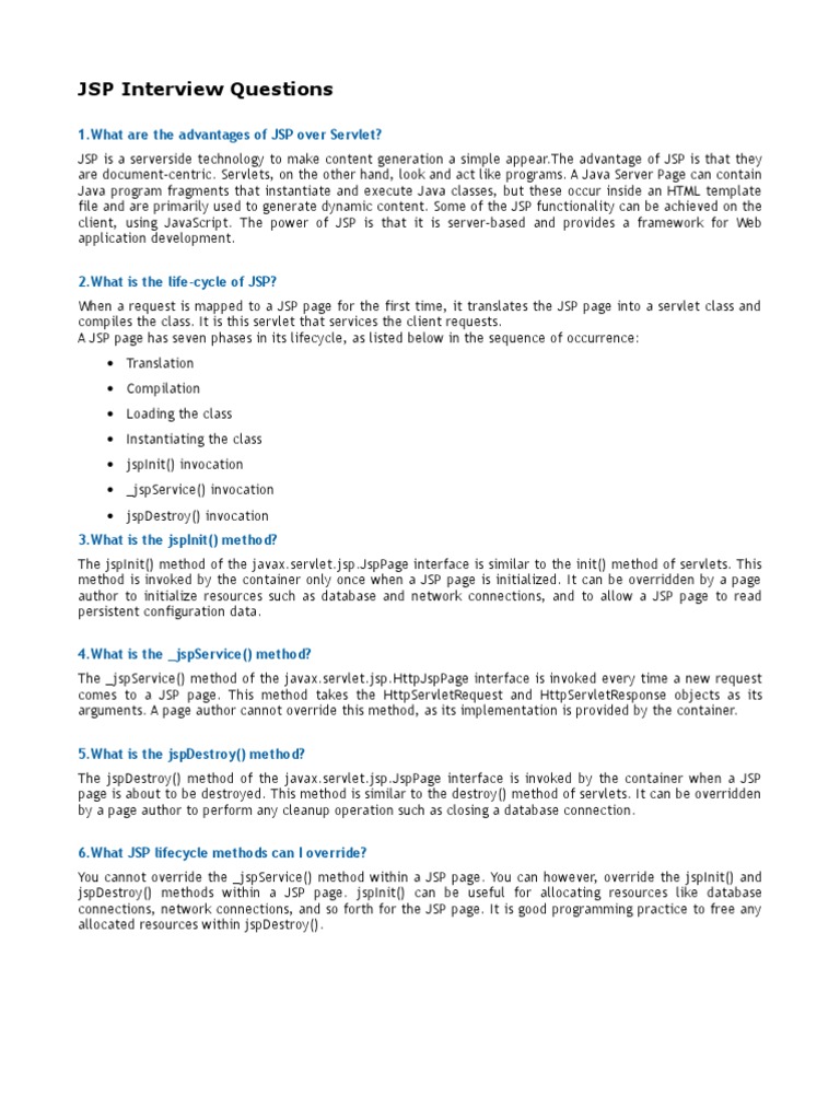 JSP Interview Questions: 1.what Are The Advantages of JSP Over Servlet? | PDF | Java Server ...