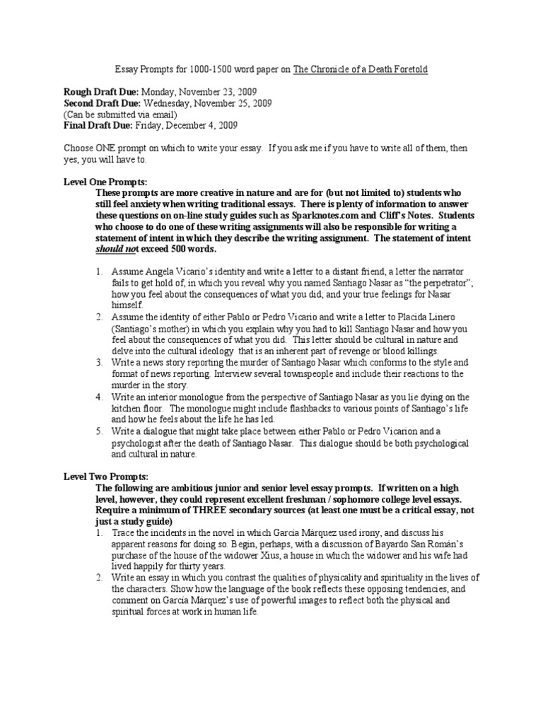 Essay Prompts for Chronicle of a Death Foretold | PDF | Psychology