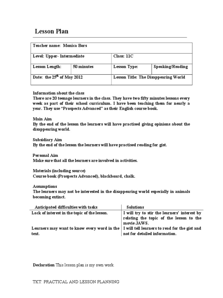 Lesson Plan: TKT: Practical and Lesson Planning | PDF | Quality Of Life ...