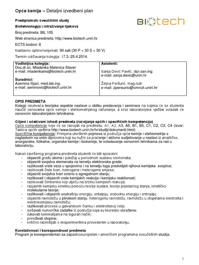 BIL105 Syllabus Opa Kemija 2014 2 | PDF