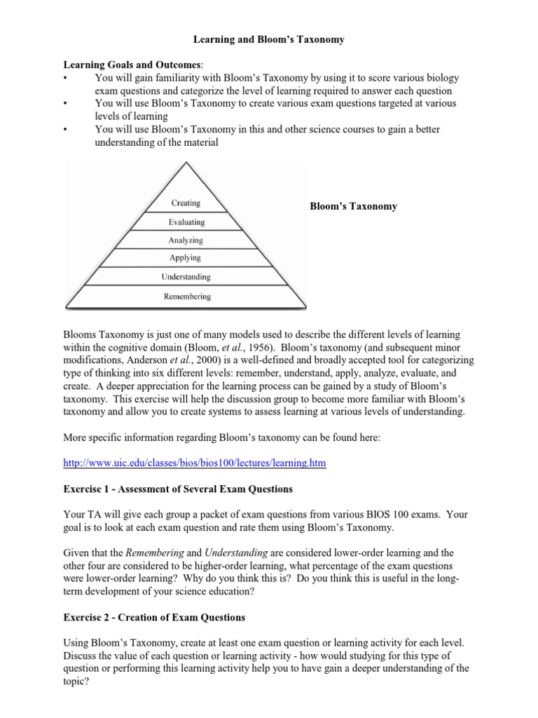Learning and Bloom's Taxonomy Learning Goals and Outcomes | PDF ...