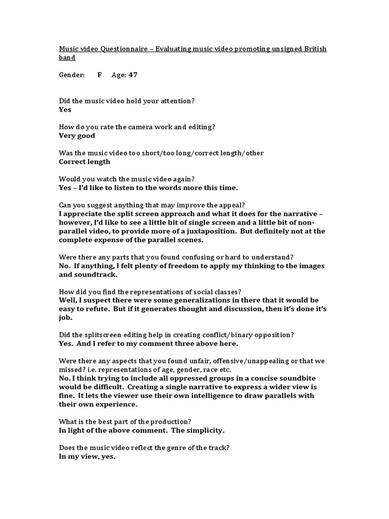 Music Video Questionnaire 2 | PDF | Questionnaire | Psychology