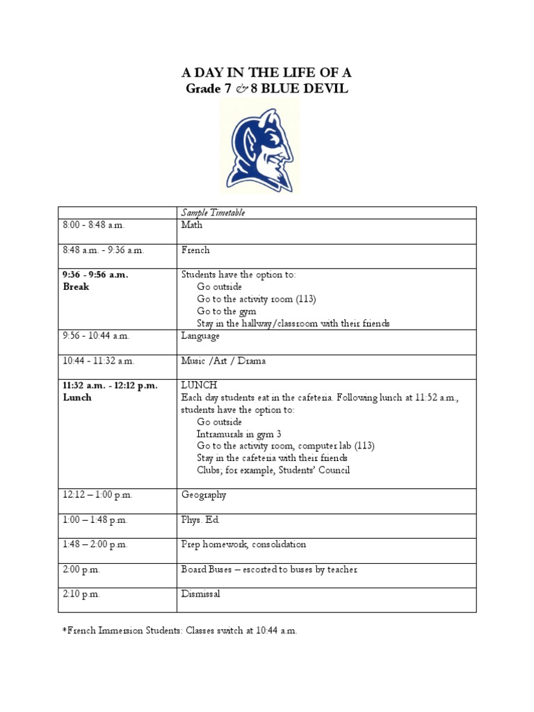 Grade 7 & 8 Daily Schedule Overview | PDF | Behavior Modification ...