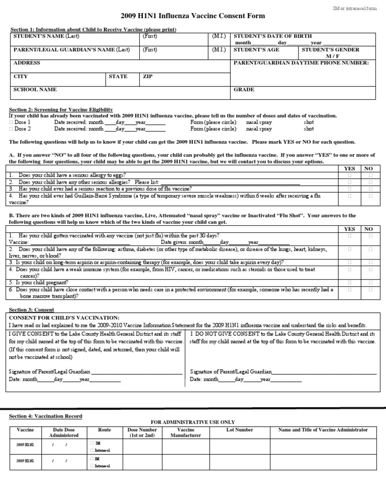 2009 H1N1 Influenza Vaccine Consent Form | PDF | Influenza Vaccine ...