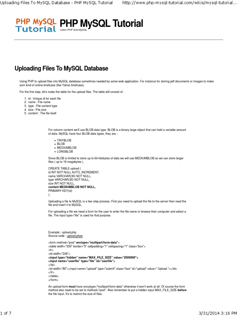 Uploading Files (PDF) To MySQL Database - PHP MySQL Tutorial | PDF ...