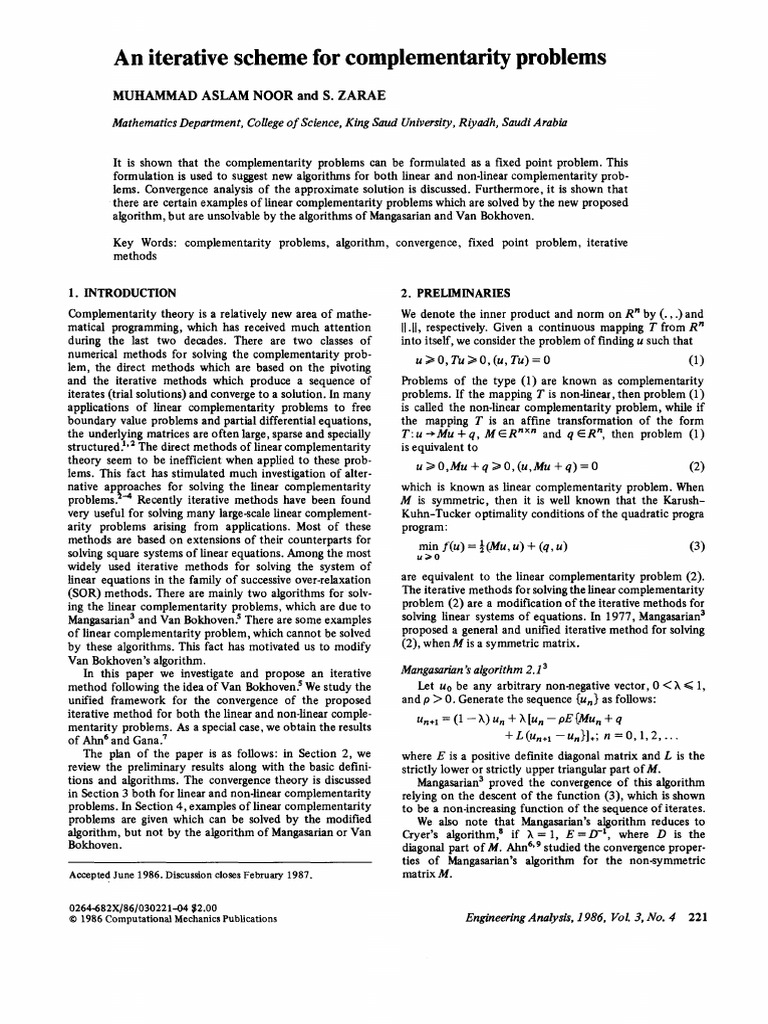 An Iterative Scheme For Complementarity Problems: 2. Preliminaries | PDF | Nonlinear System ...