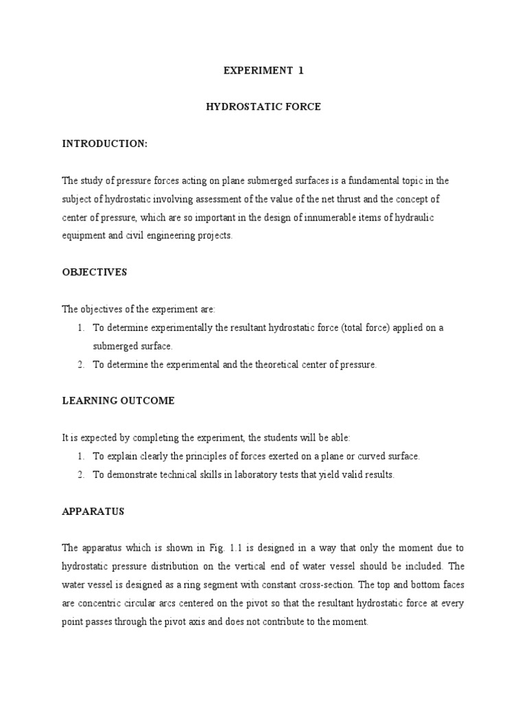 Experimental Determination of Hydrostatic Forces and Center of Pressure ...