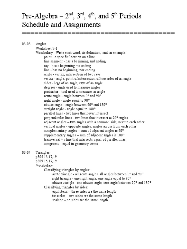 Pre-Algebra - 2, 3, 4, and 5 Periods Schedule and Assignments ...